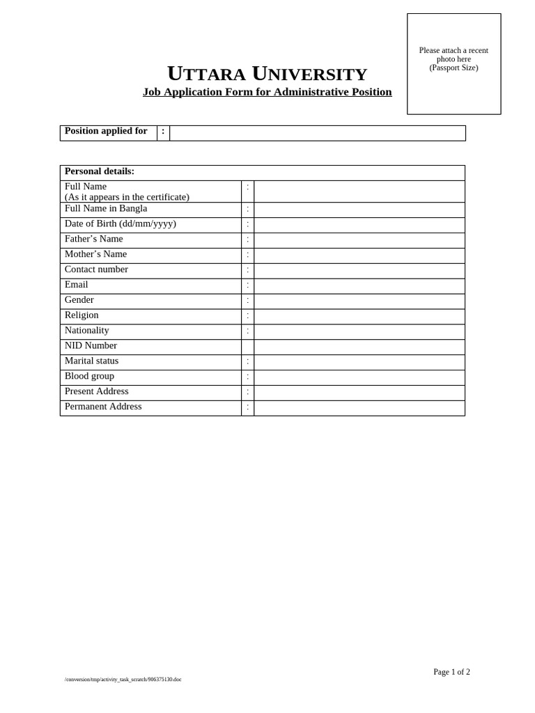 Uttara University Admin Job Application Form | PDF | Educational Stages ...