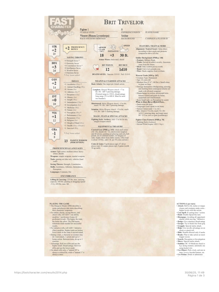Fast Character - Wererat (Human Lycanthrope) Fighter 1 - PHB 2014 | PDF ...