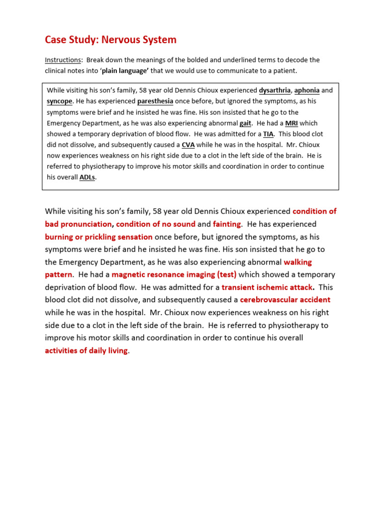 Case Study Plain Language Nervous System Answer Key | PDF