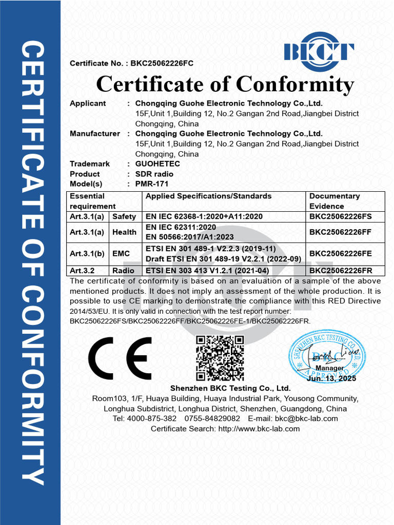 Certificate of Conformity for SDR Radio | PDF