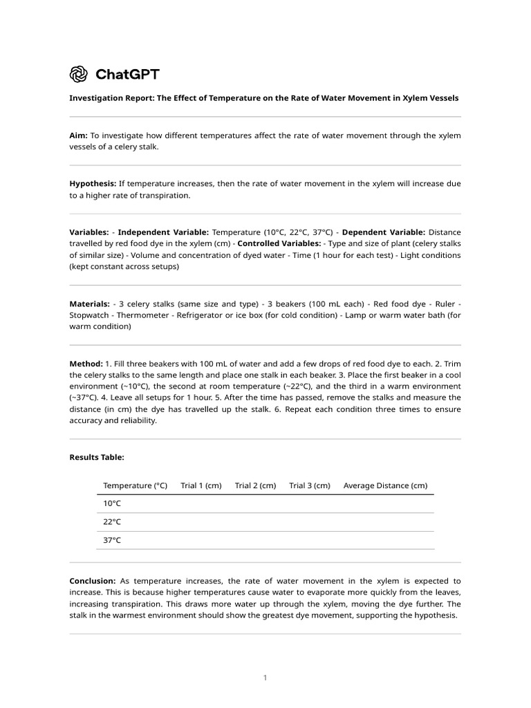 Investigation of Temperature On Substance Movement in Xylem Vessels ...