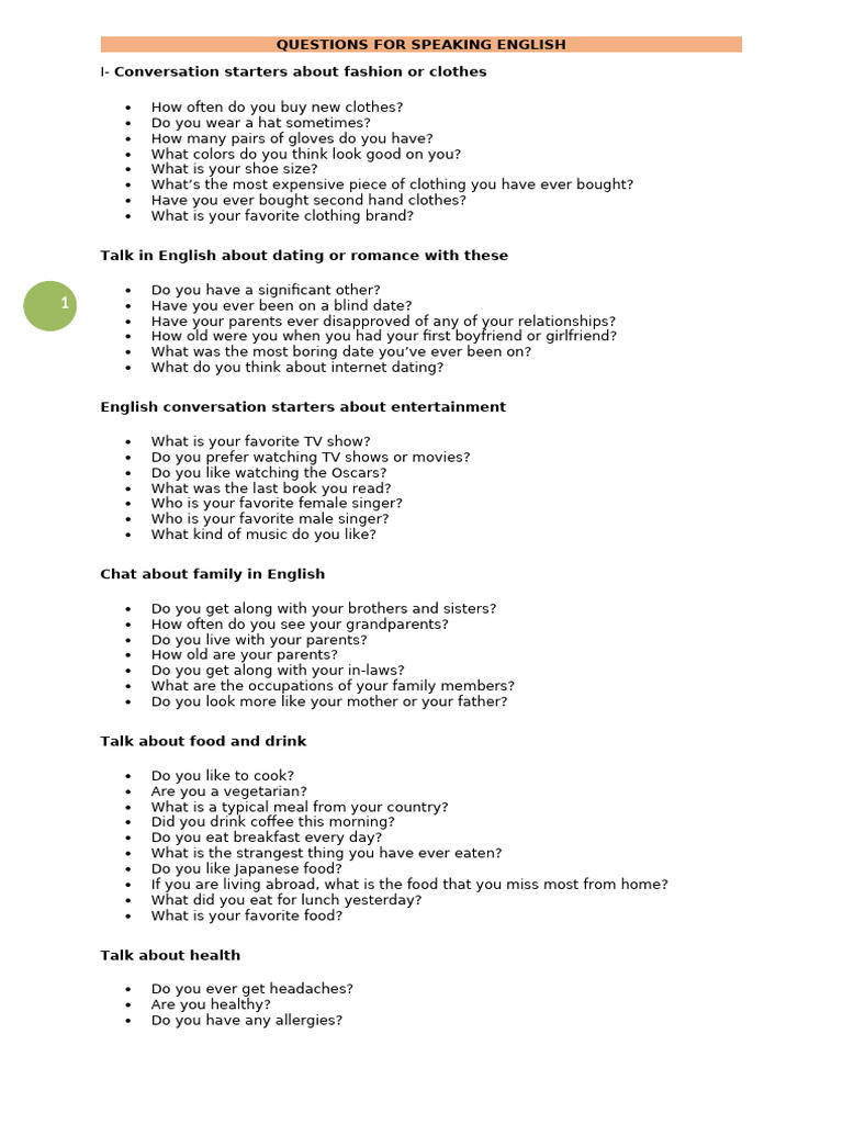 Questions For Speaking English | PDF