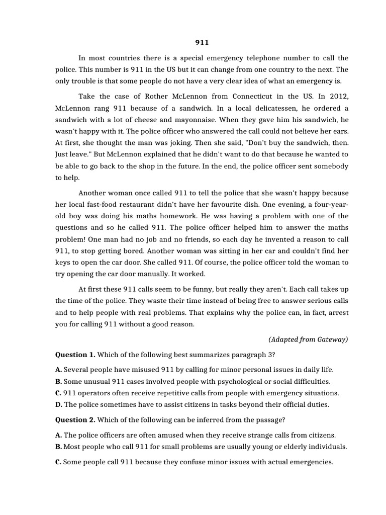 Misuse of 911: Unusual Emergency Calls | PDF | Happiness | Skill