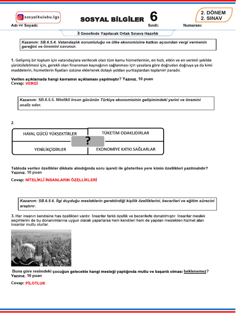 2025 6. Siniflar 2. Dönem 2. Sinavi Meb Tarzi Cevap Anahtari (10 Soruluk) | PDF