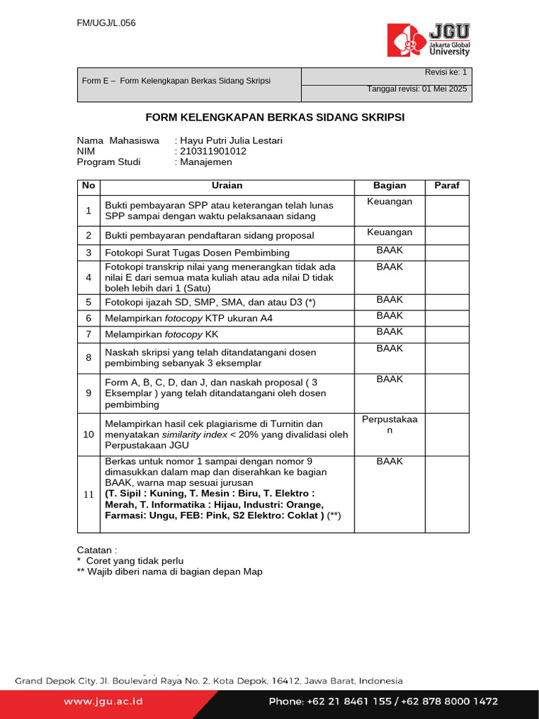 Form E - Form Kelengkapan Berkas Sidang Proposal | PDF