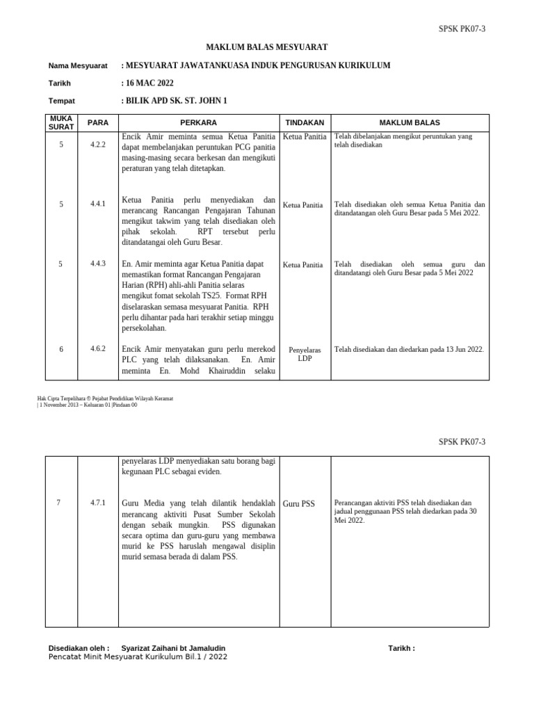 Maklum Balas Mesyuarat Kuri 2022 Bil 1 | PDF