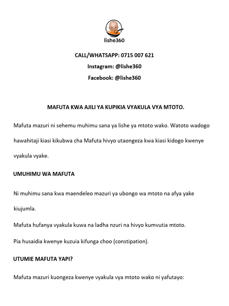 Mafuta Ya Kupikia Vyakula Vya Mtoto | PDF