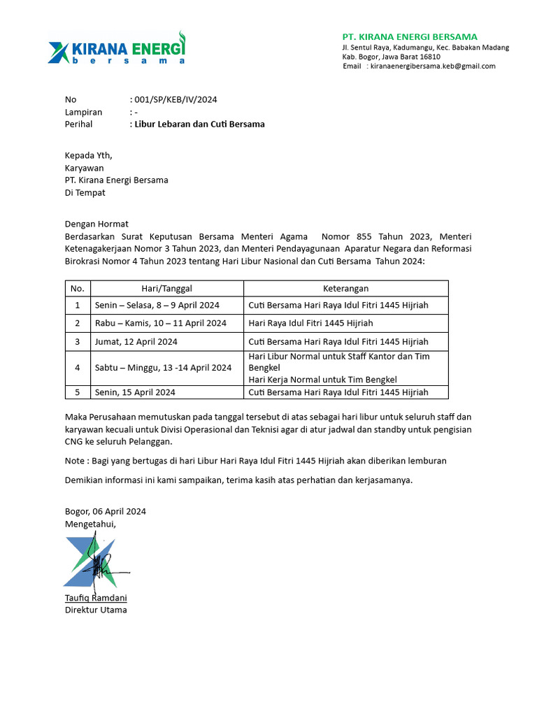 001 - Surat Pemberitahuan Libur Lebaran Dan Cuti Bersama | PDF