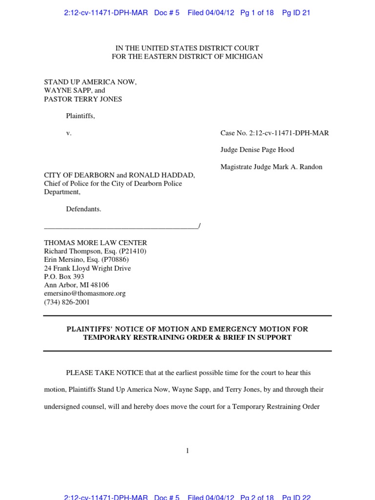 Terry Jones' Motion For Temporary Restraining Order | PDF | First ...