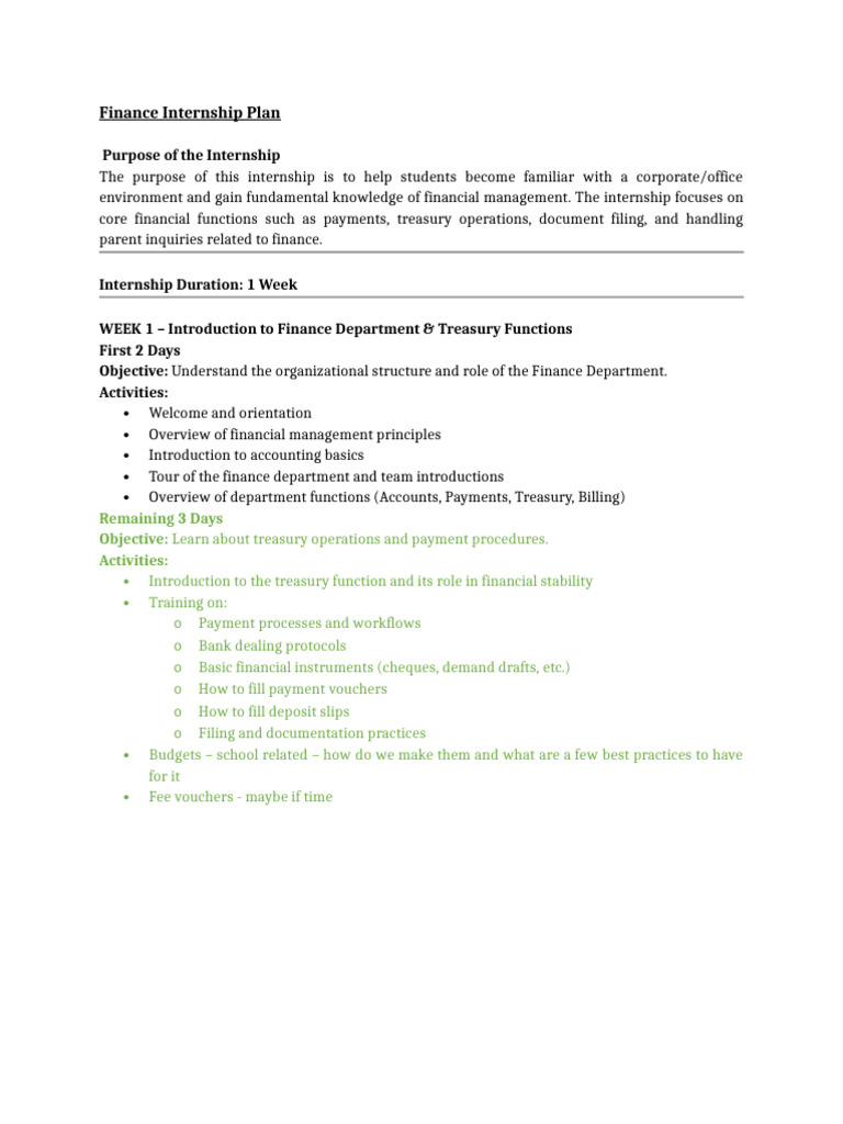 Finance Internship Plan - Updated | PDF