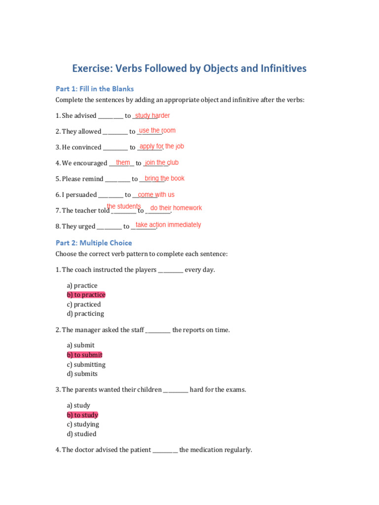 Verbs Followed by Objects and Infinitives Exercise | PDF