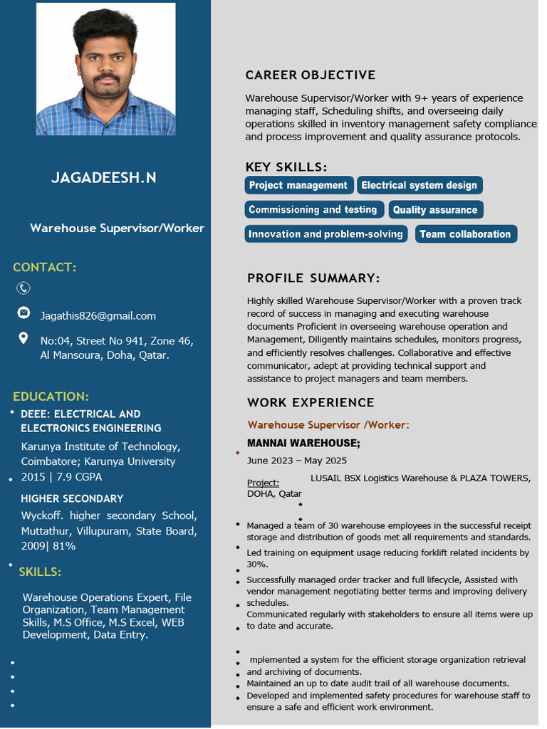 Jagadeesh-Warehouse Sup CV | PDF | Warehouse | Qatar