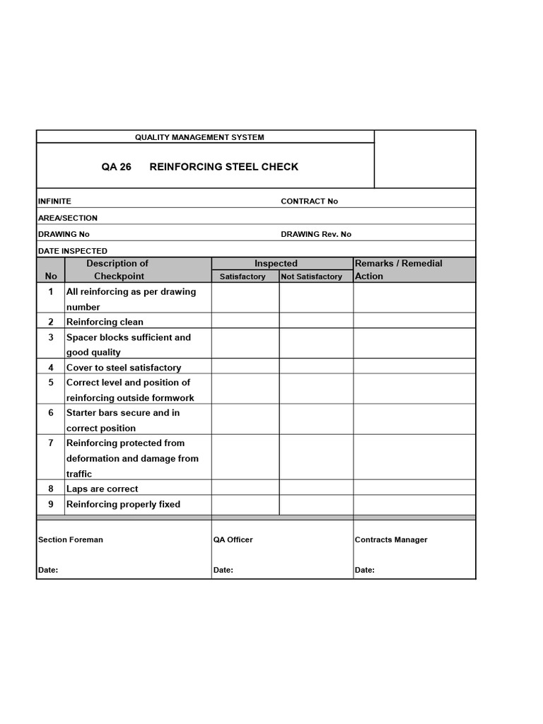 Steel Reinforcing Checklist | PDF