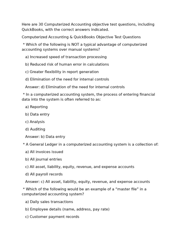 MCQs Computerized Accounting II | PDF | Quick Books | Banks