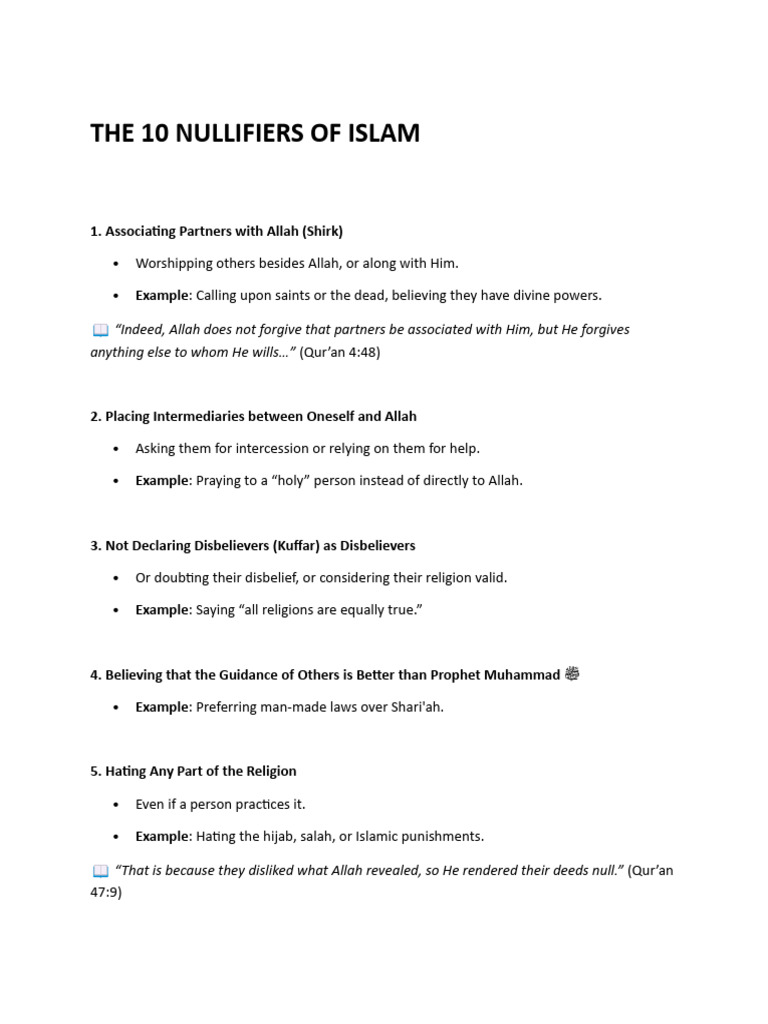 The 10 Nullifiers of Islam | PDF