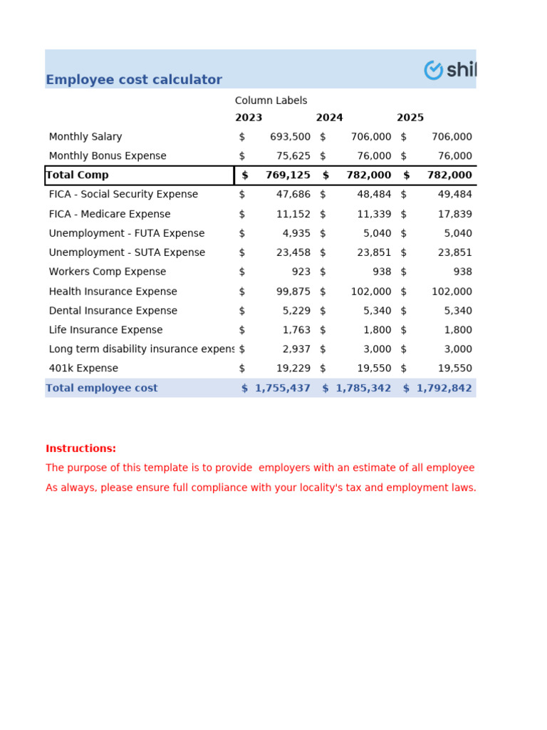Employee Costs Calculator Excel by Shiftbase (ENG) - 1 | PDF ...