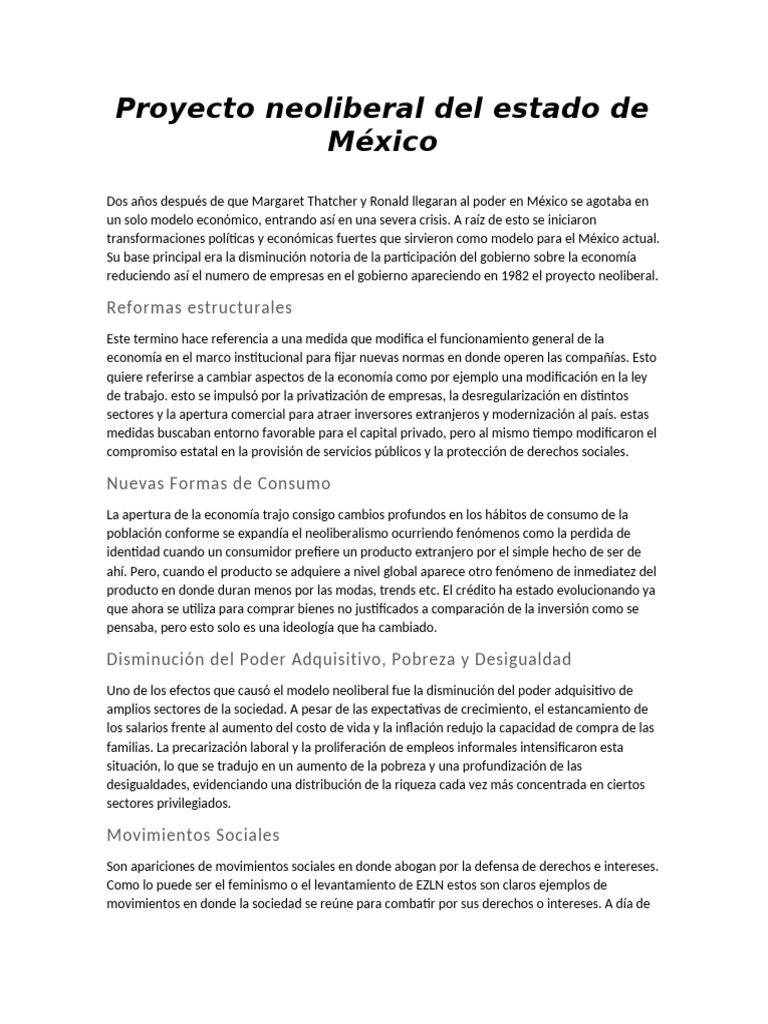 Proyecto Neoliberal Del Estado de México Ricardo | PDF | Neoliberalismo | Costo de la vida