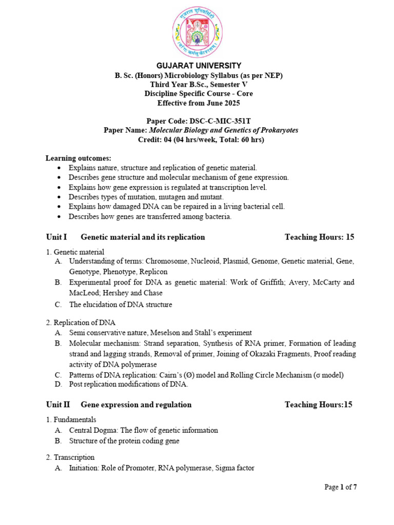 B. Sc. Micro SEM-V Core (Major) Courses As Per NEP - 2025-26 | PDF | Dna | Gene