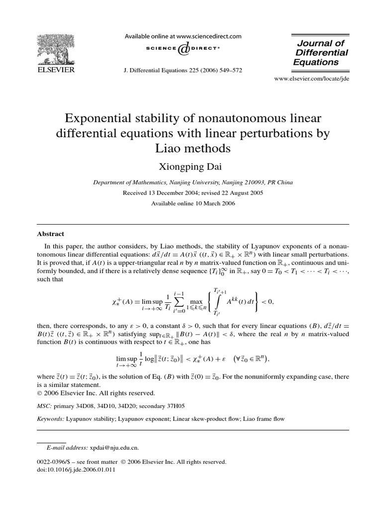 Exponential Stability of Nonautonomous Linear Differential Equations With Linear Perturbations ...