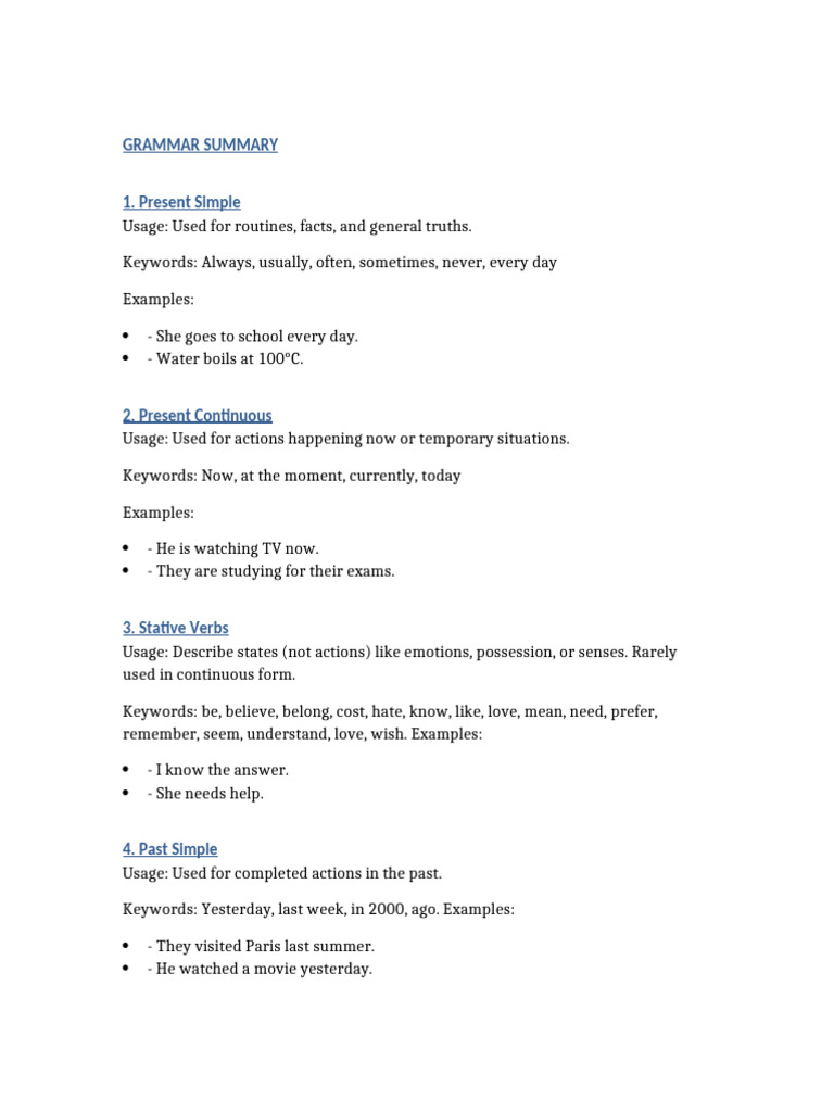 Verb Tenses Summary | PDF