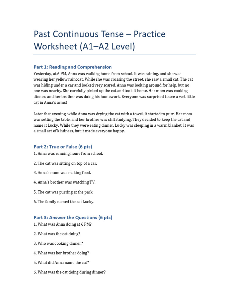Past Continuous Practice Worksheet A2 | PDF