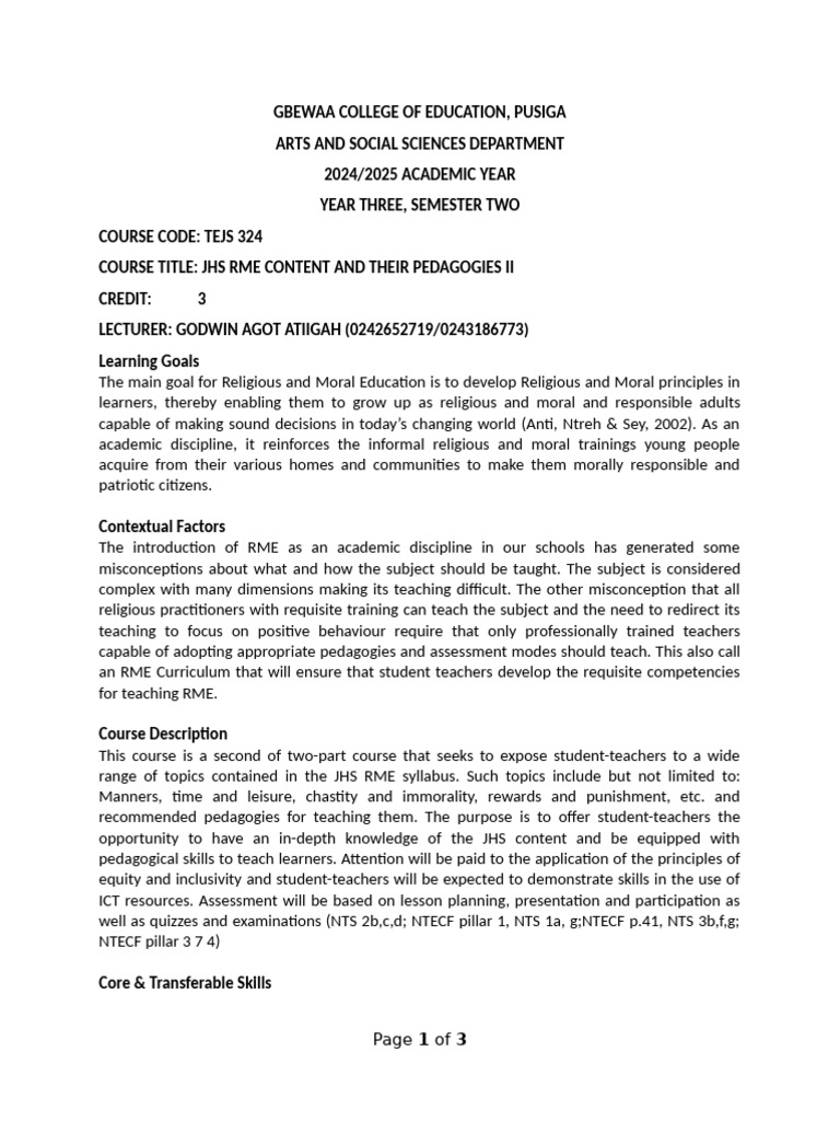 JHS RME Content & Pedagogies II Course | PDF | Pedagogy | Educational ...
