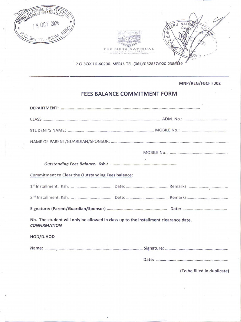 Fees Balance Commitment Form | PDF
