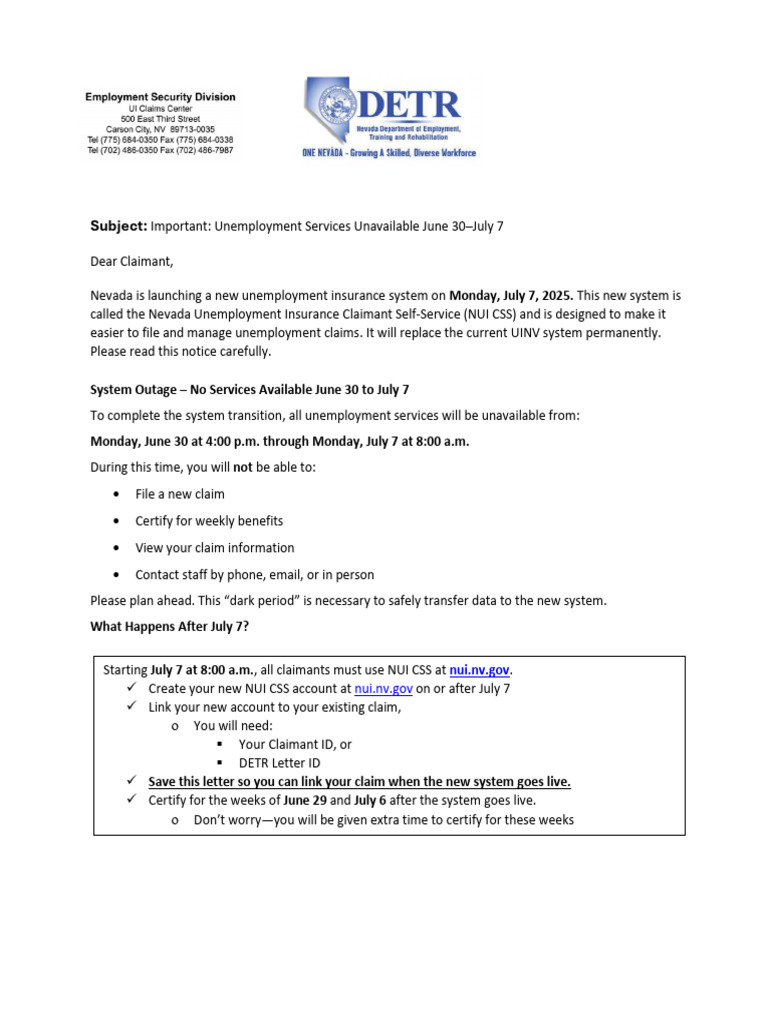 DETR Letter To Claimants | PDF