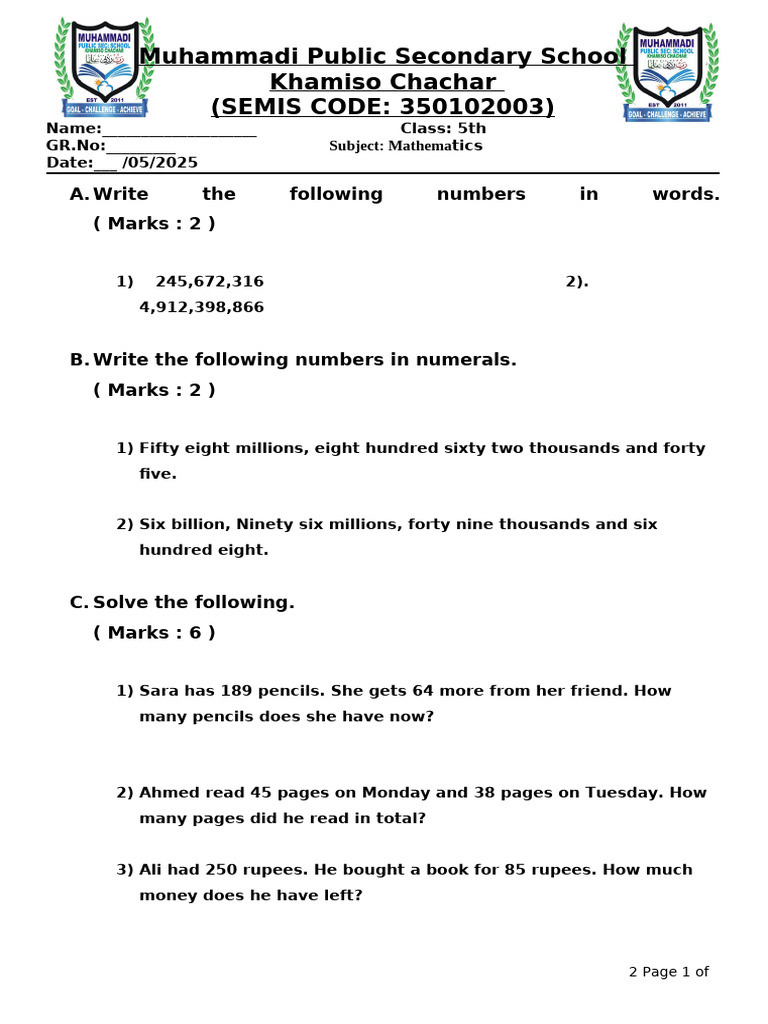 Math-5th Class | PDF