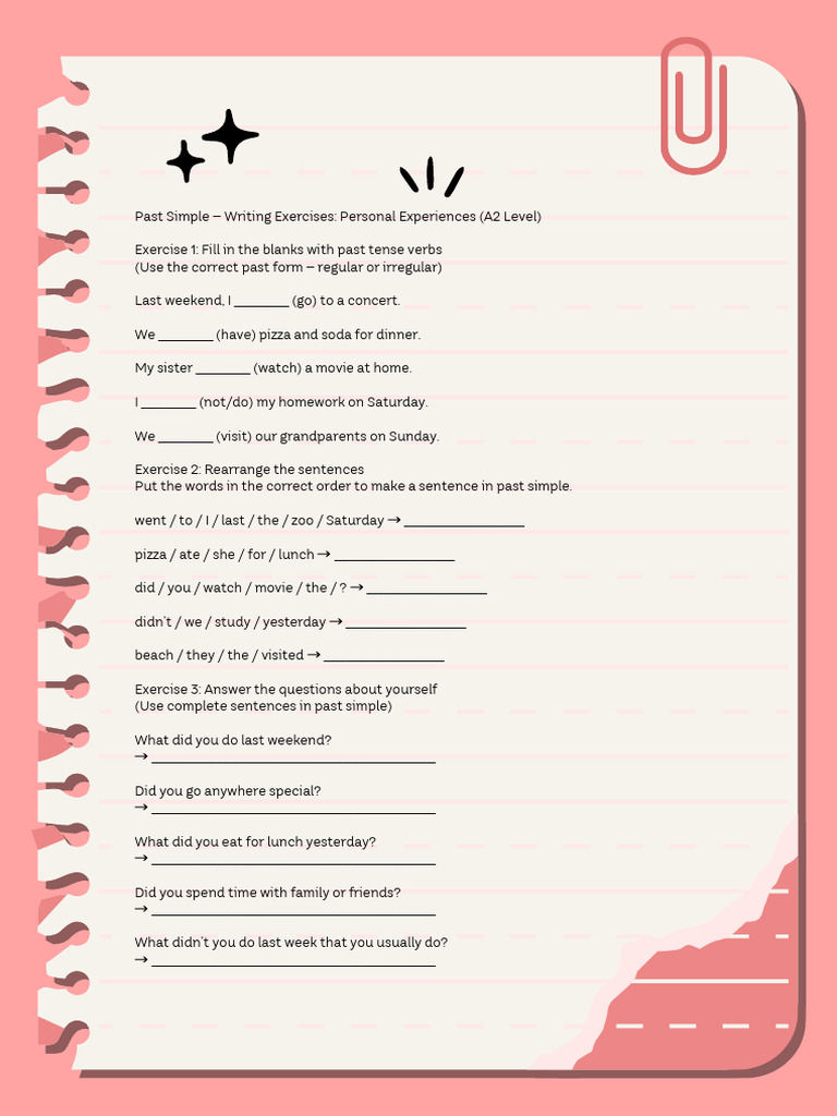 Past Simple - Writing Exercises Personal Experiences (A2 Level ...