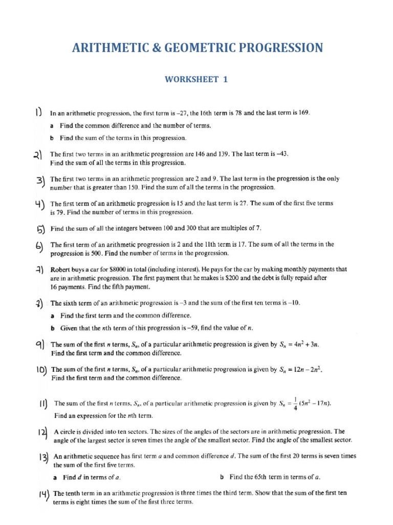 Arithmetic&Geometric Progression - WS 1 | PDF