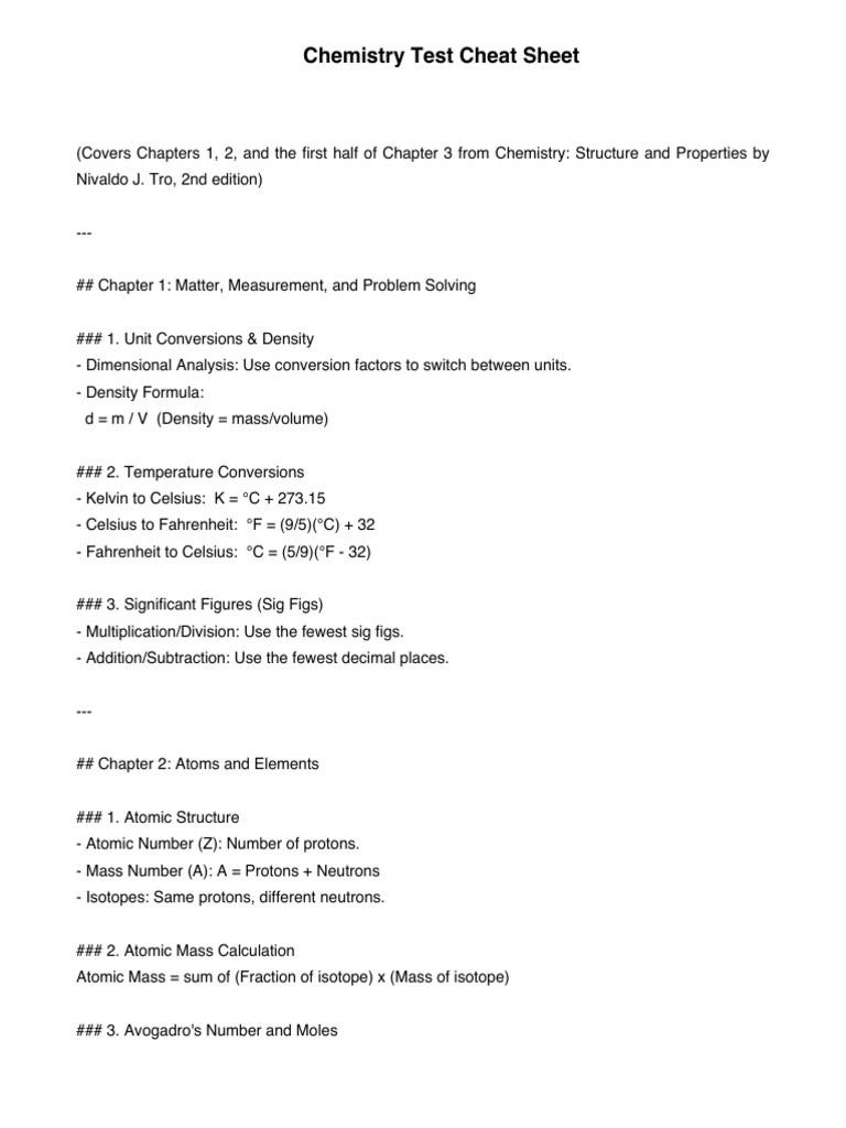 Chemistry Final Exam Cheat Sheet | PDF