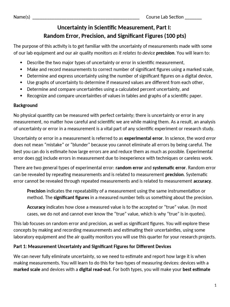 Lab 1 Activity - Uncertainty in Measurement 1 | PDF | Significant Figures | Observational Error