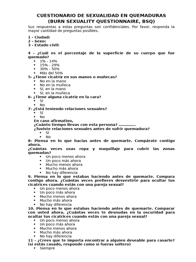 Cuestionario de Sexualidad en Quemaduras (Burn Sexuality Questionnaire, BSQ) | PDF