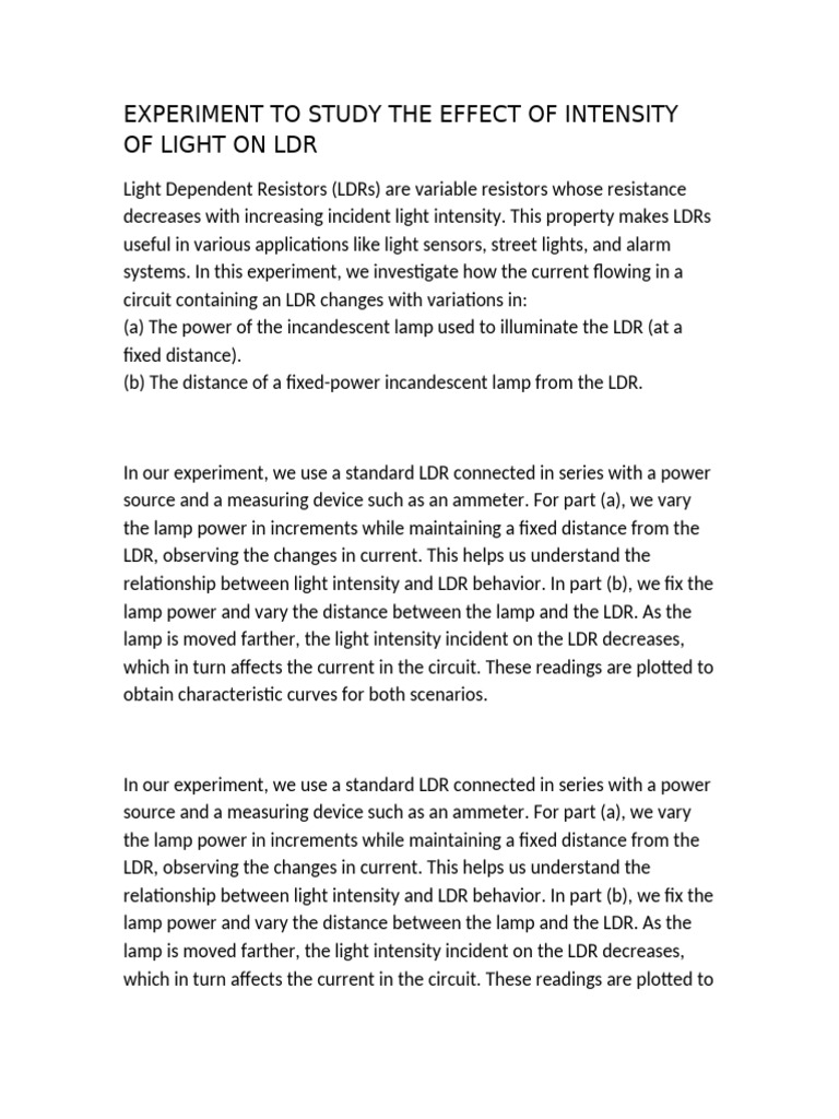 LDR Light Intensity Experiment | PDF | Electric Current | Experiment