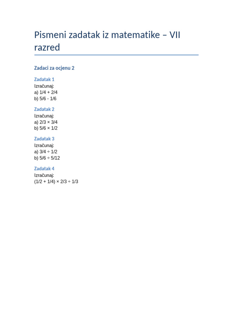 Zadaci Za Ocjenu 2 VII Razred | PDF