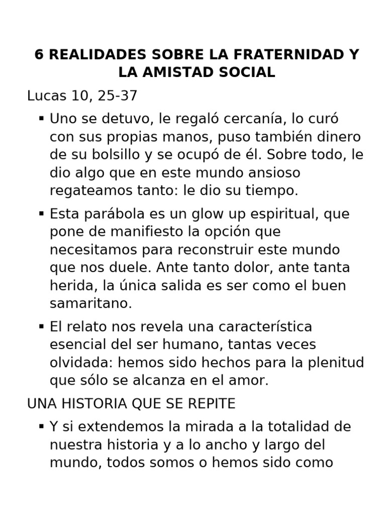 6 Realidades Sobre La Fraternidad y La AMISTAD SOCIAL | PDF | Amor | Dios
