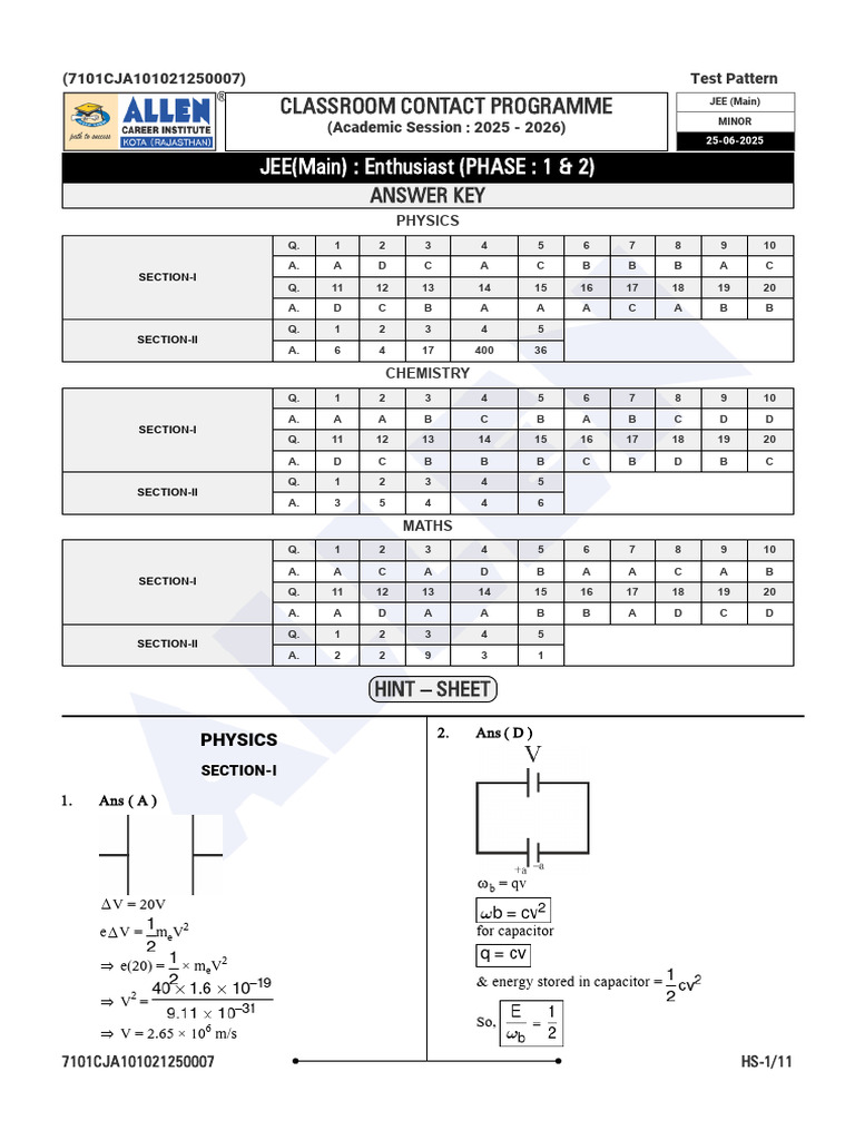 Answer Paper Iit Enthuse Phase 1 & 2 25.06.2025 | PDF | Ph | Physical Chemistry