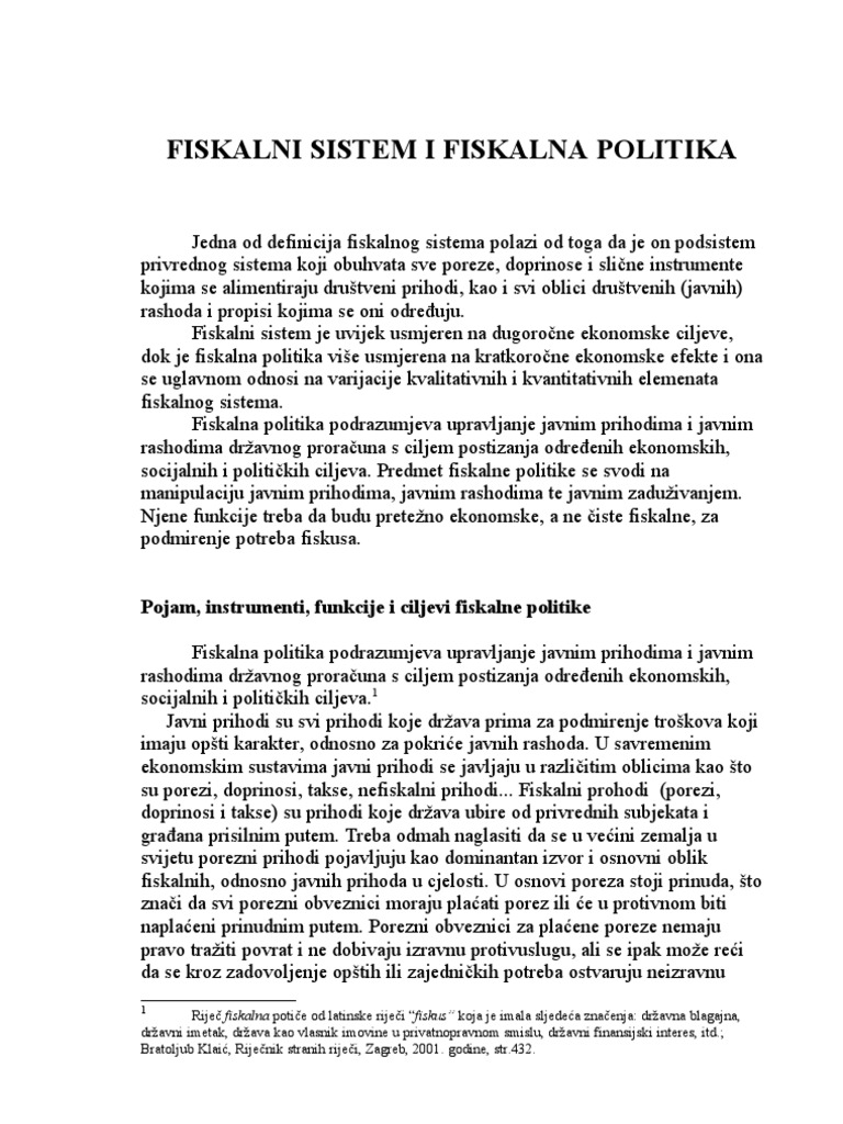 Fiskalni Sistem I Fiskalna Politika: Pojam, instrumenti, funkcije i ...