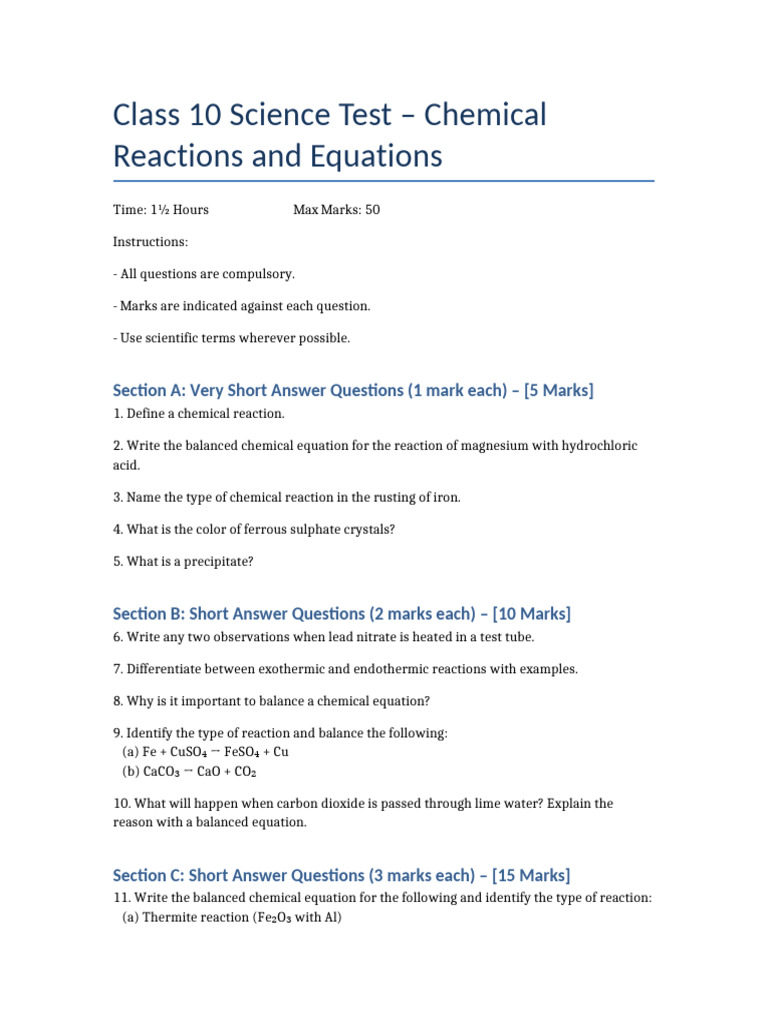 Chemical Reactions Test Answer Key | PDF | Chemical Reactions | Magnesium