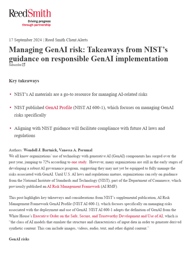 Managing GenAI Risk - Takeaways From NIST's Guidance On Responsible ...