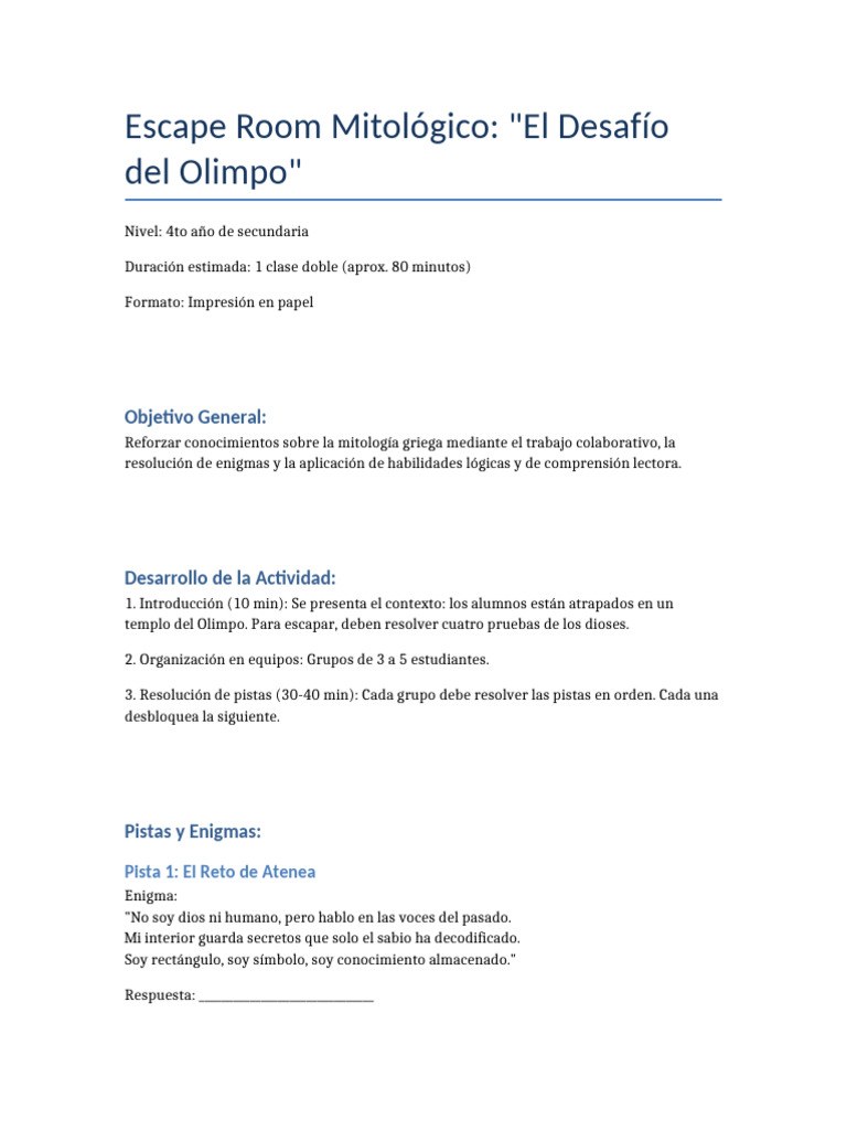 Escape Room: Desafío del Olimpo | PDF