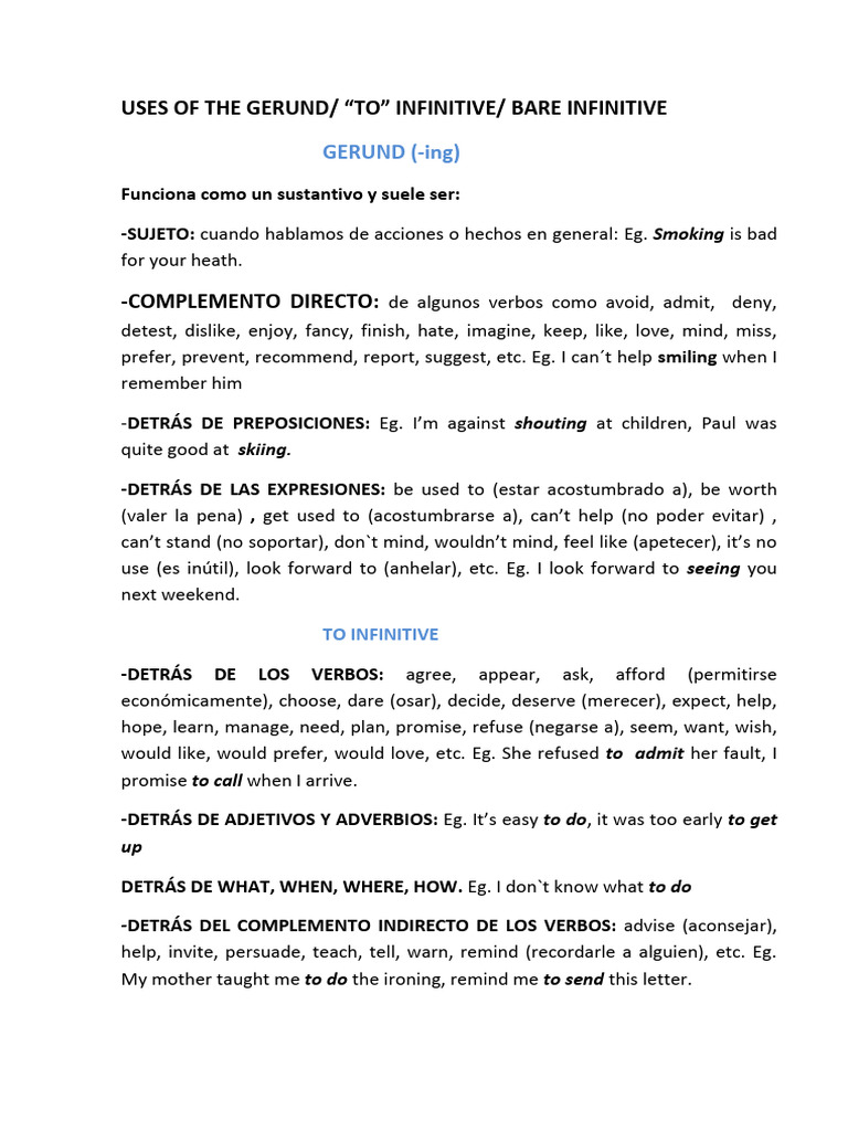 Uses of The Gerund, To Infinitive, Bare Infinitive | PDF