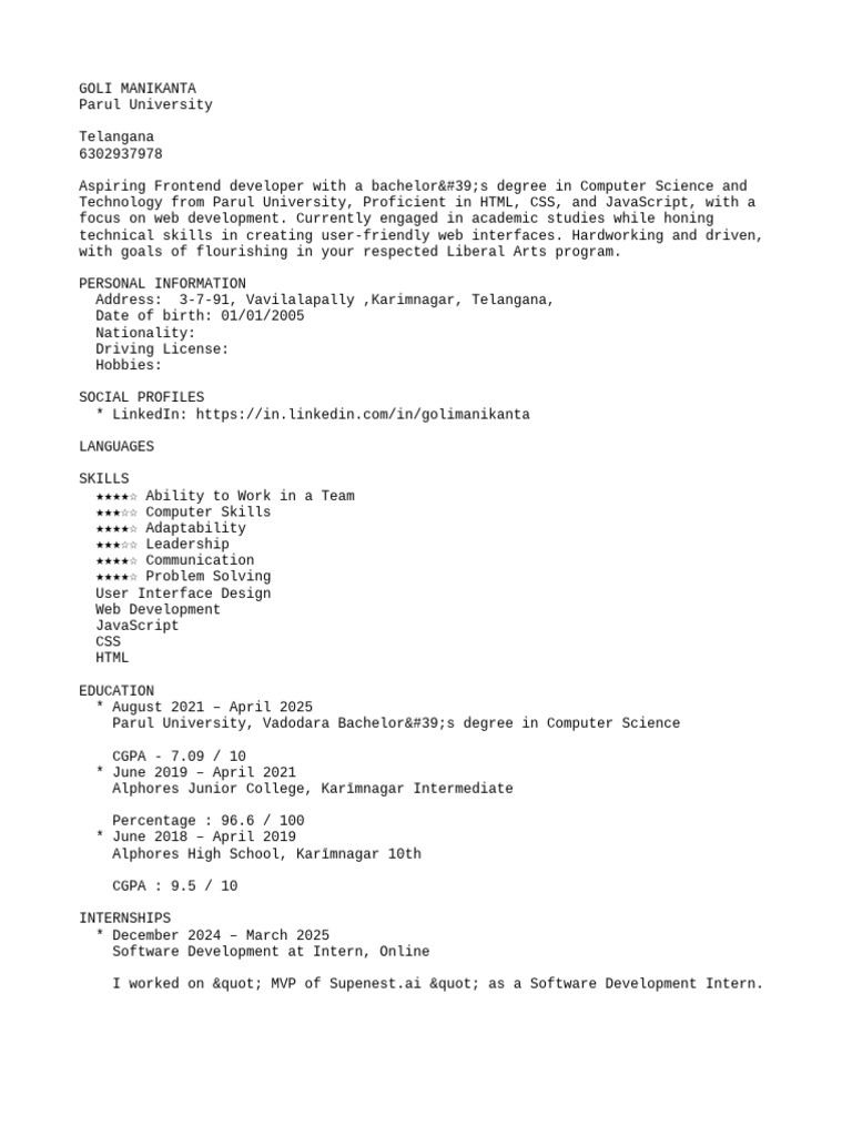 Resume - Parul University | PDF