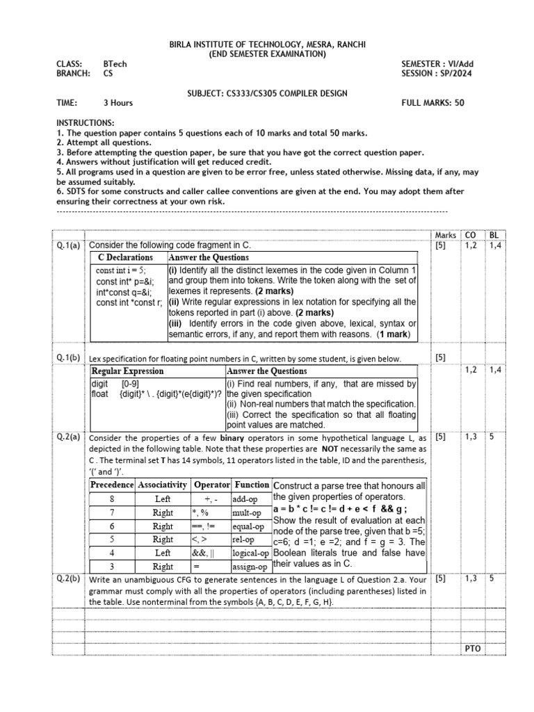 CS333 Compiler Design Exam Paper | PDF | Computer Programming ...