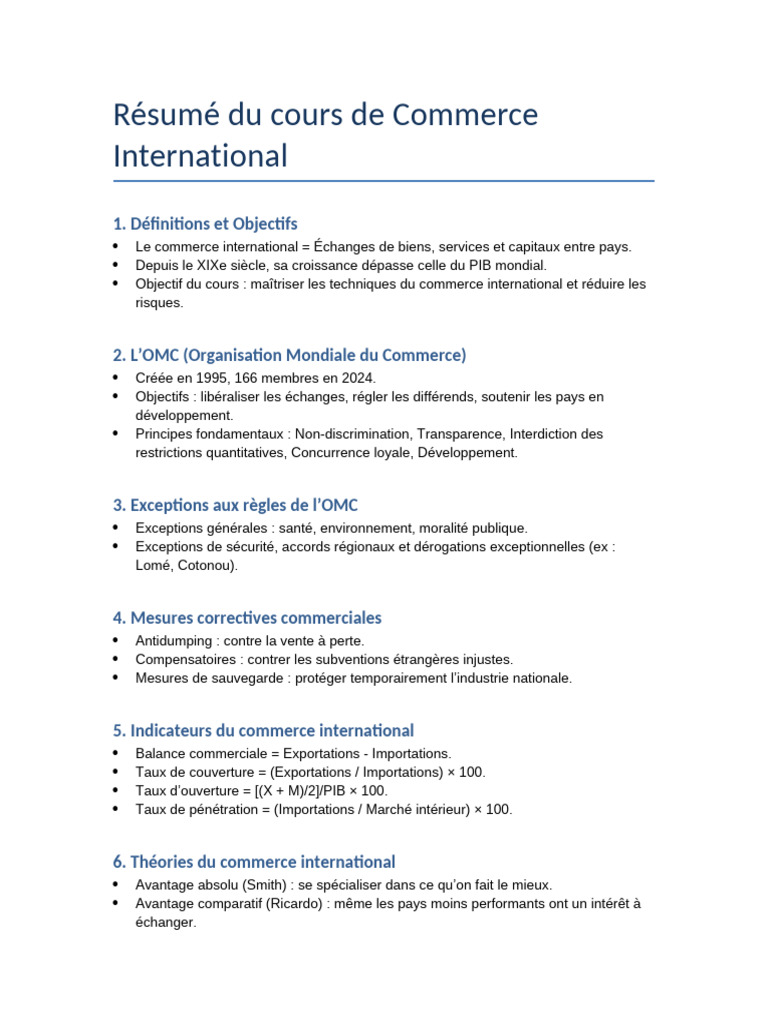 Résumé du cours de Commerce International | PDF