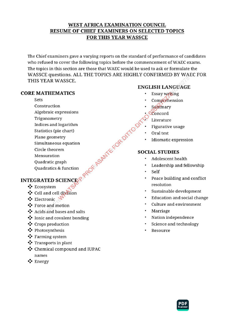 Confirmed Selected Topics For Wassce 2025 | PDF