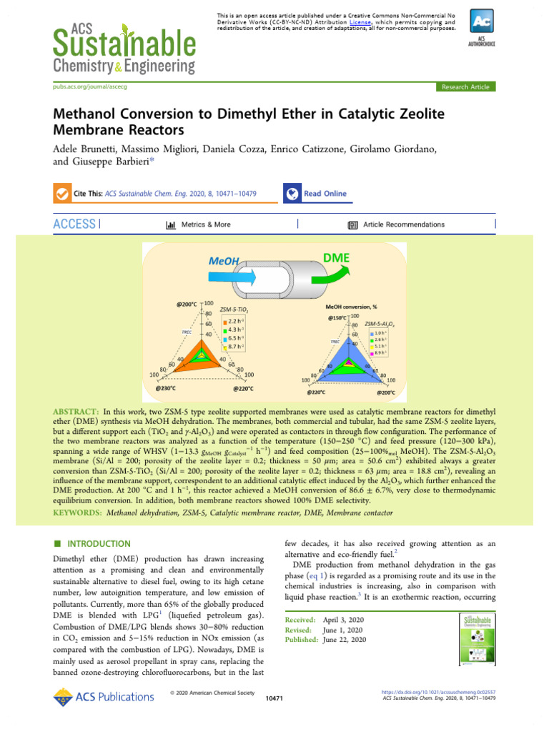 Methanol to DME via Zeolite Membranes | PDF | Catalysis | Chemical Reactor