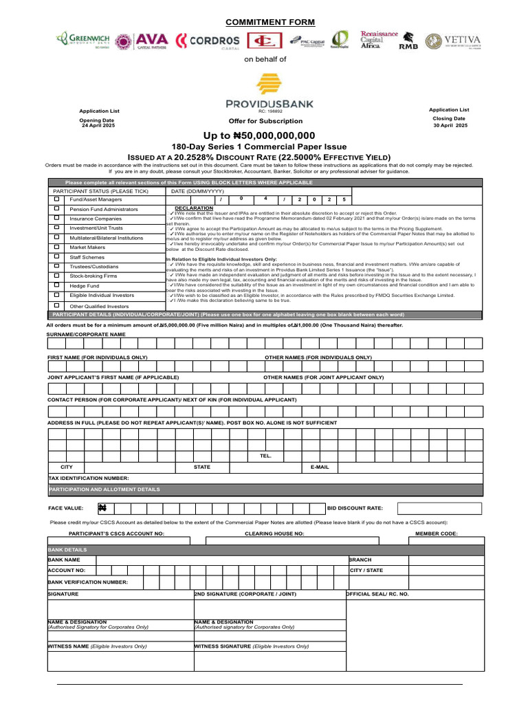 3a Providus Bank Limited Series 1 Commitment Form 180 Days | PDF ...