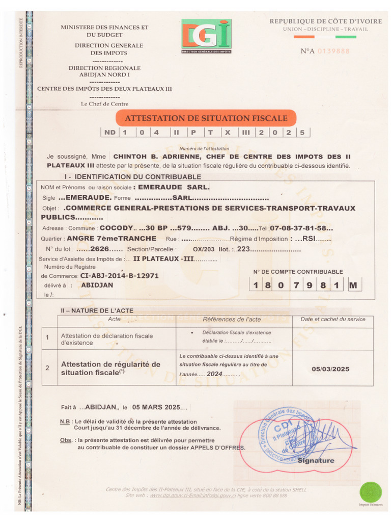 Attestation de Situation Fiscale 2025 | PDF